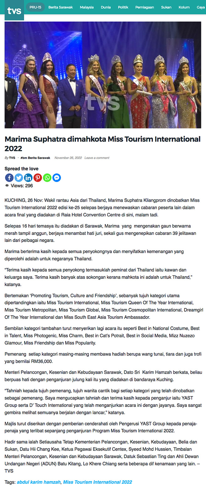 Marima Suphatra dimahkota Miss Tourism International 2022 – Miss Tourism International
