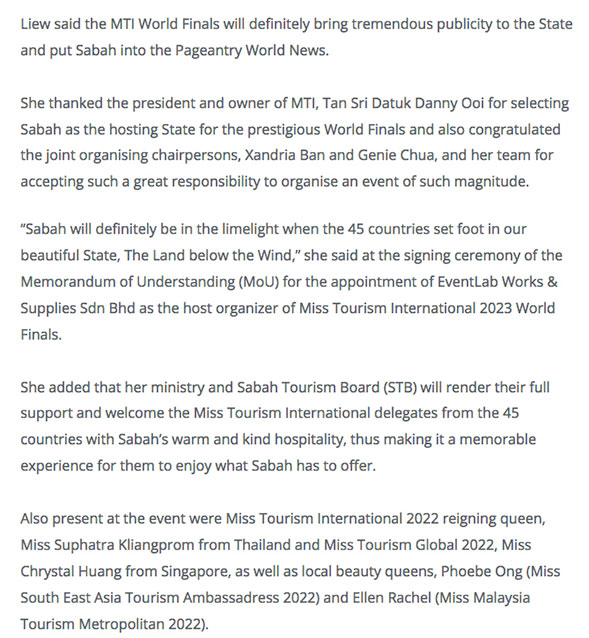 MTI 2023 : Sabah to Host Miss Tourism International – Miss Tourism International